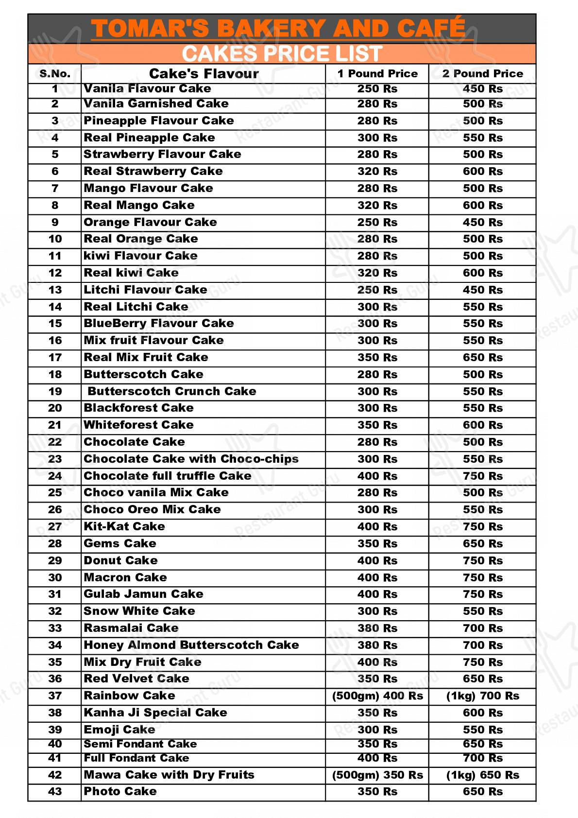 Menu at Tomar's Bakery and Cafe, Bijnor