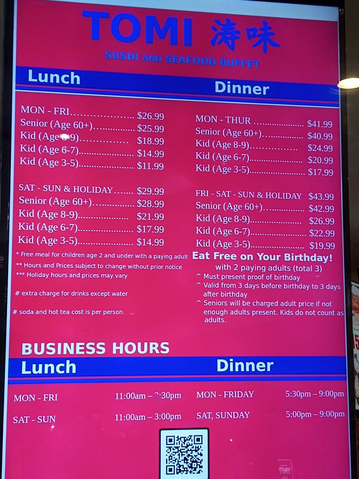 Menu at Tomi Sushi & Seafood Buffet restaurant, San Jose, Eastridge ...