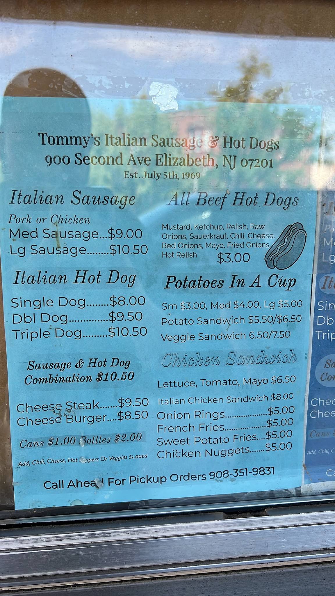Menu at Tommy's Italian Sausage & Hot Dogs restaurant, Elizabeth