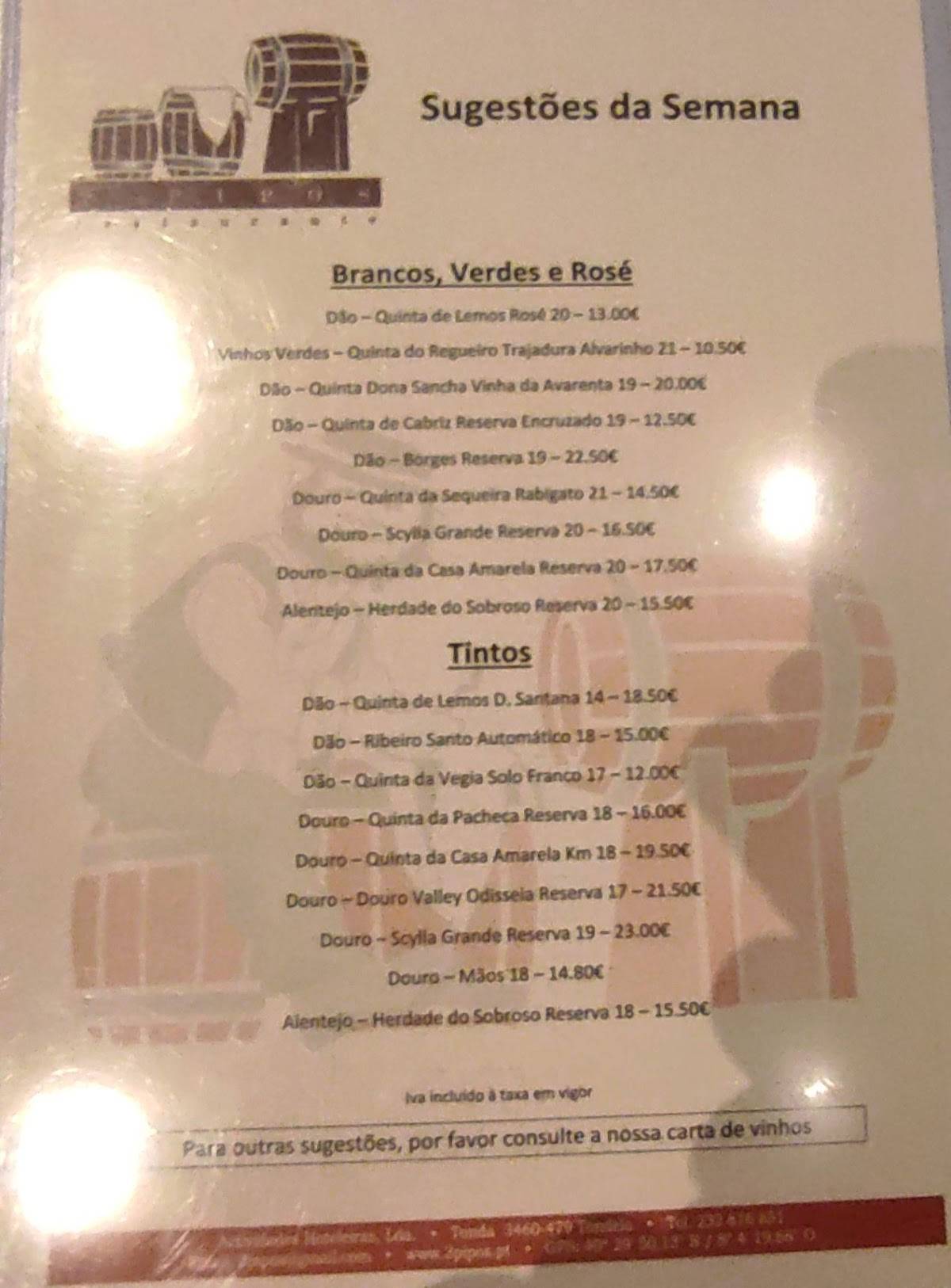 Menu em 3 Pipos restaurante, Tondela