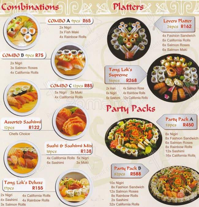 Menu at Tong Lok restaurant, Cape Town, Parklands Center