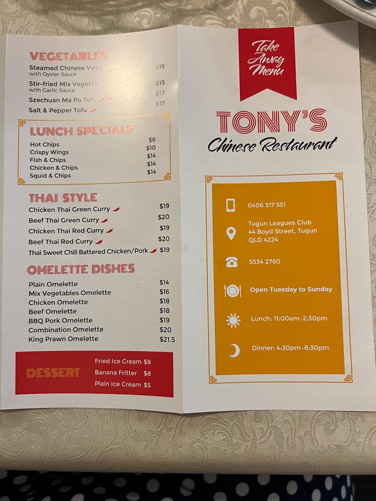 Menu at Tony's Chinese Restaurant, Bilinga