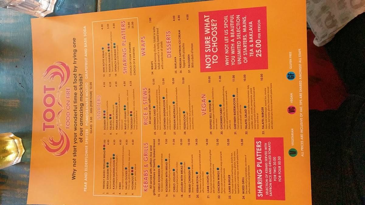 Menu at Toot restaurant, Plymouth