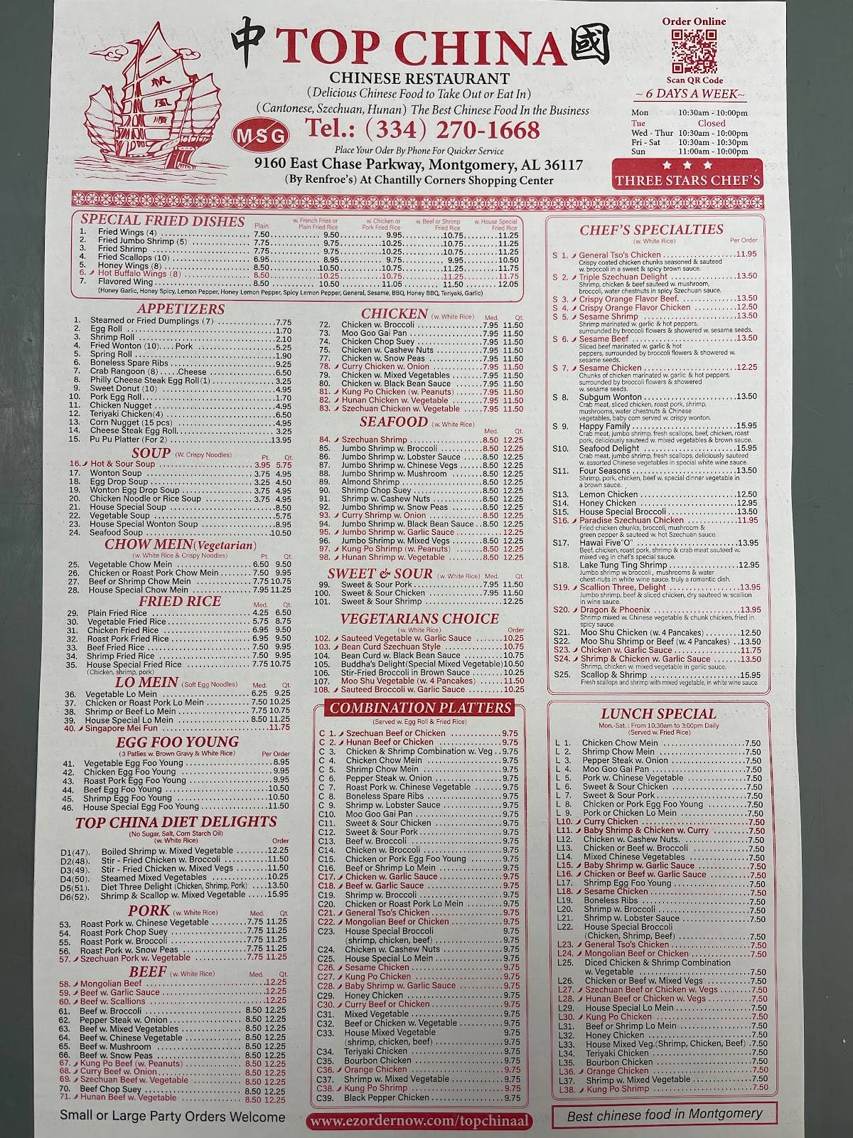 Menu at Top China restaurant, Montgomery