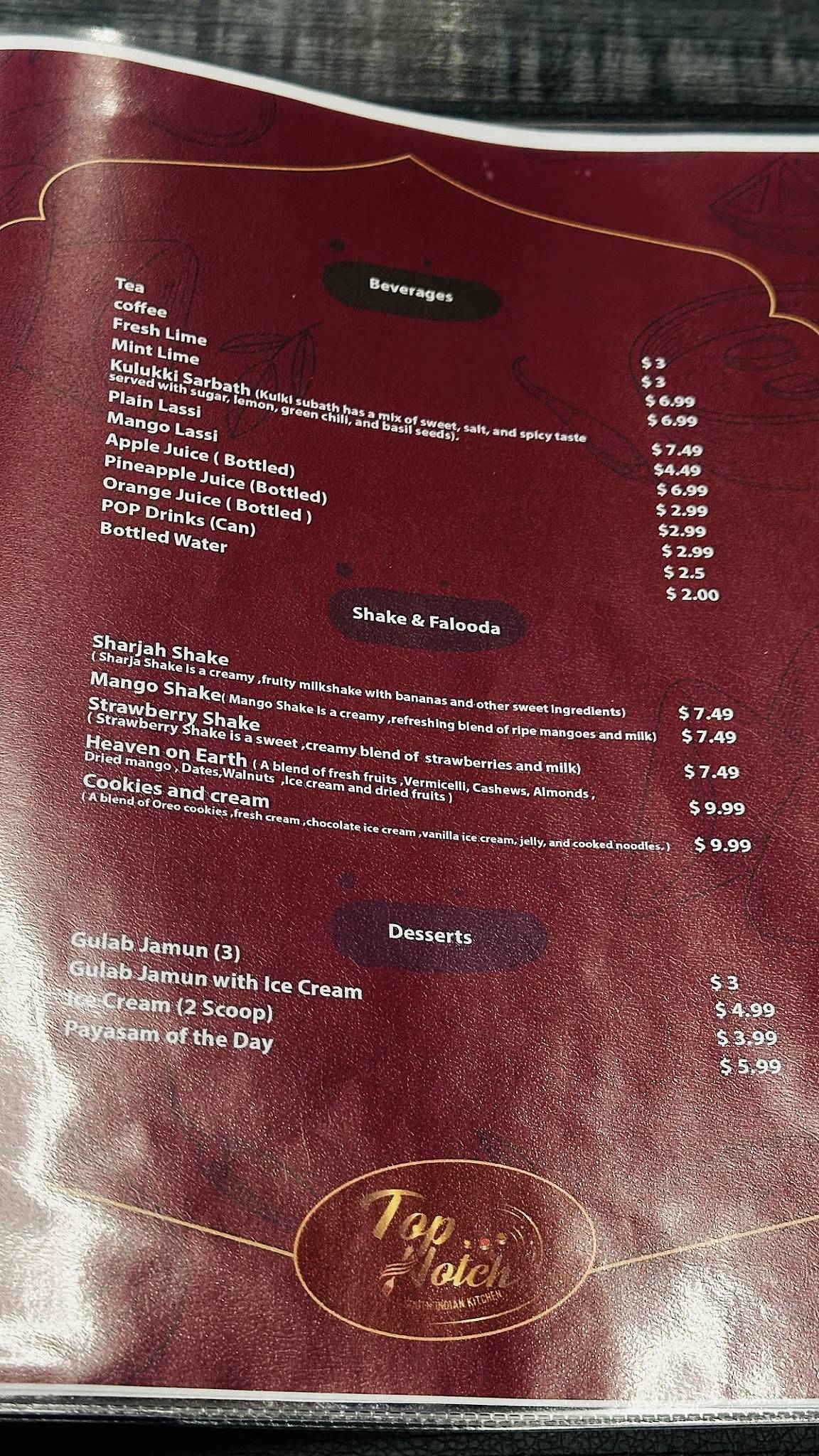 Menu at Top Notch South Indian Kitchen restaurant, Edmonton