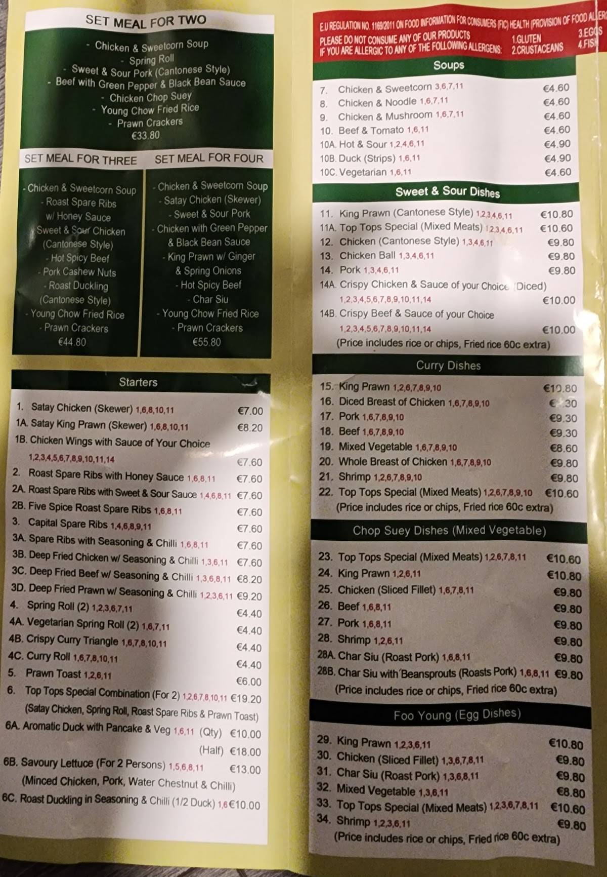 Menu at Top Tops fast food, Ireland, Unit 8