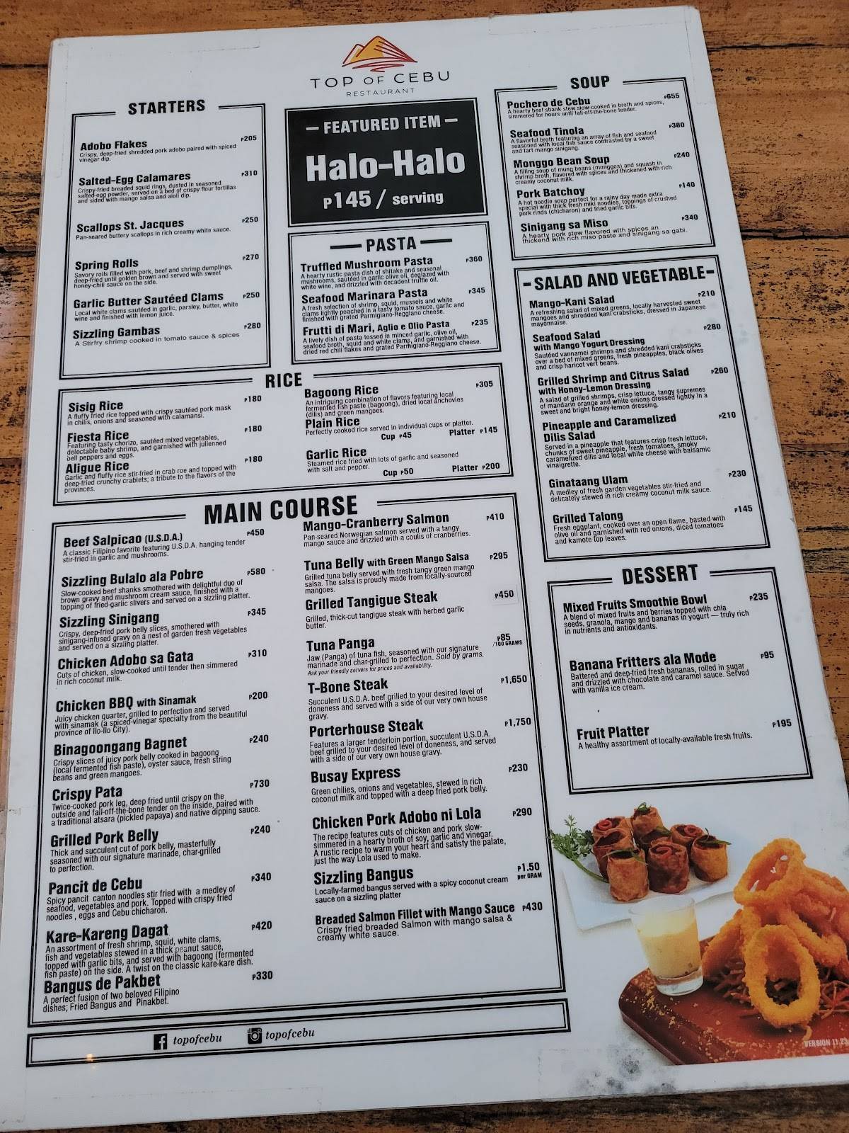 Menu at Top of Cebu restaurant, Cebu City