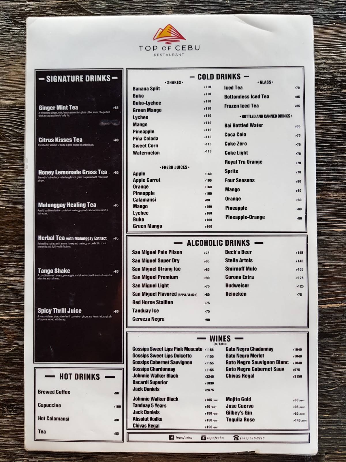 Menu at Top of Cebu restaurant, Cebu City