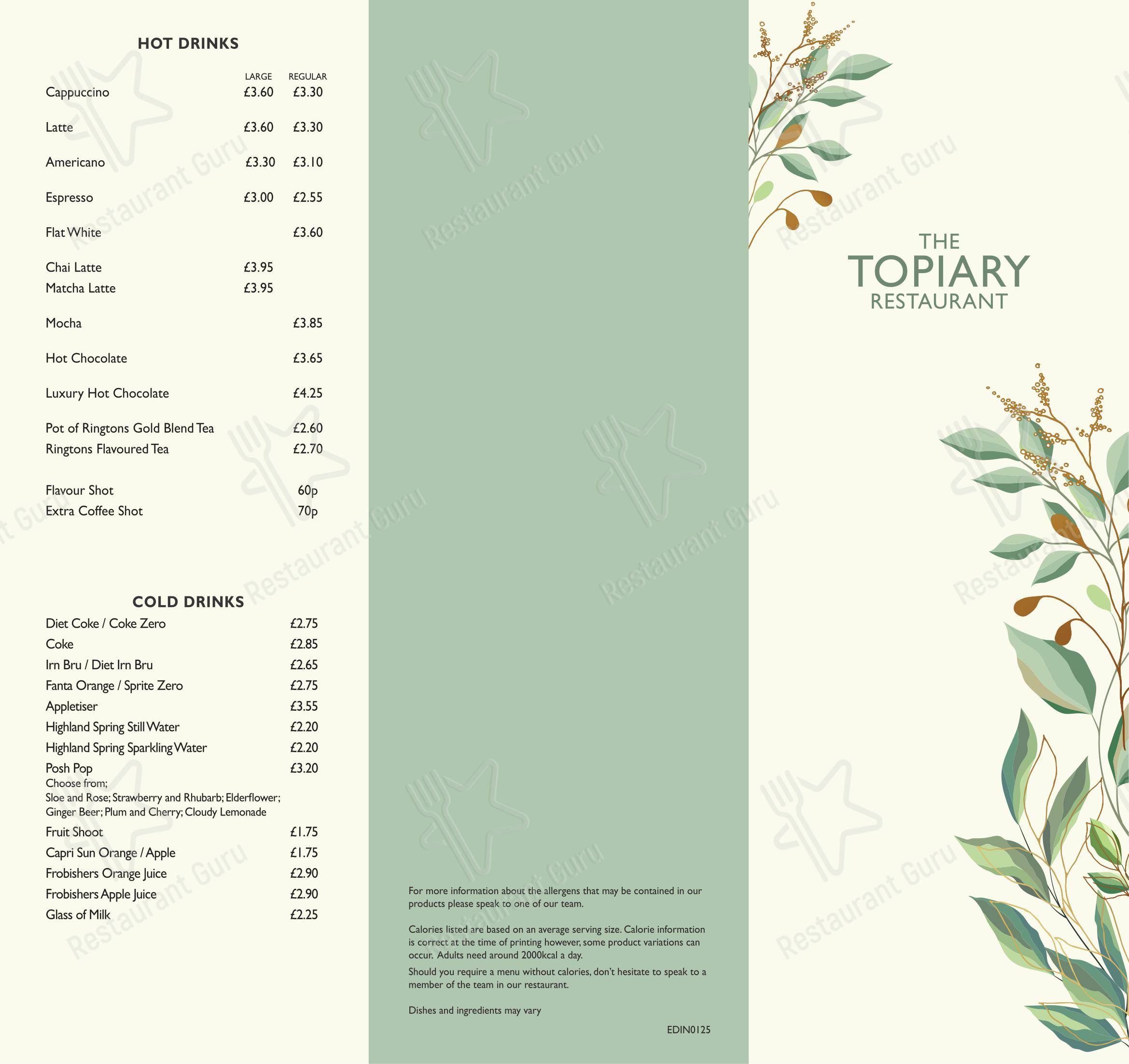 Menu at Topiary Coffee Shop cafe, Edinburgh