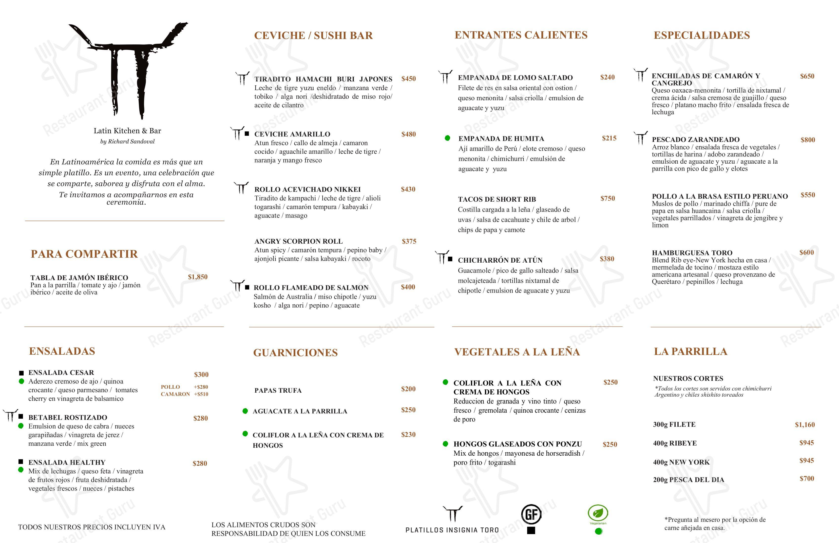 Carta de Toro Latin Kitchen & Bar, Cabo San Lucas