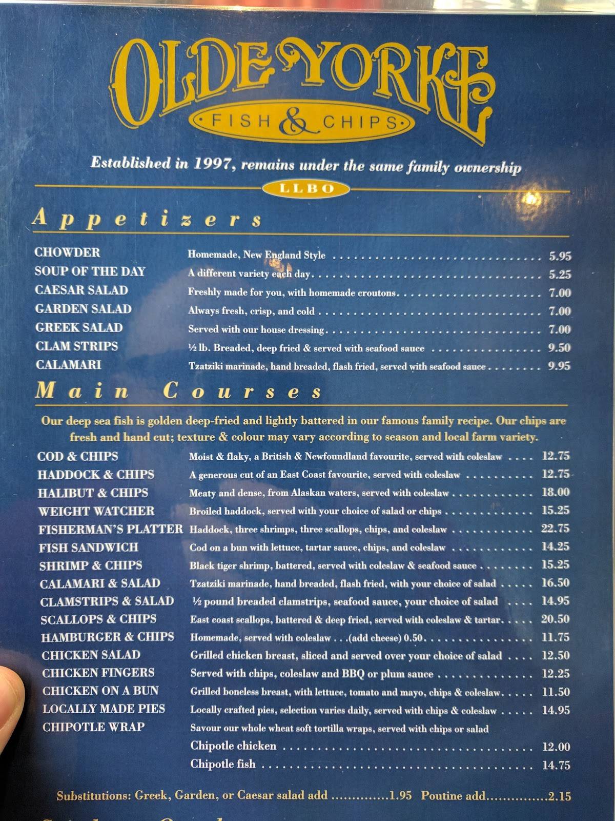 Menu at Olde Yorke Fish & Chips restaurant, Toronto