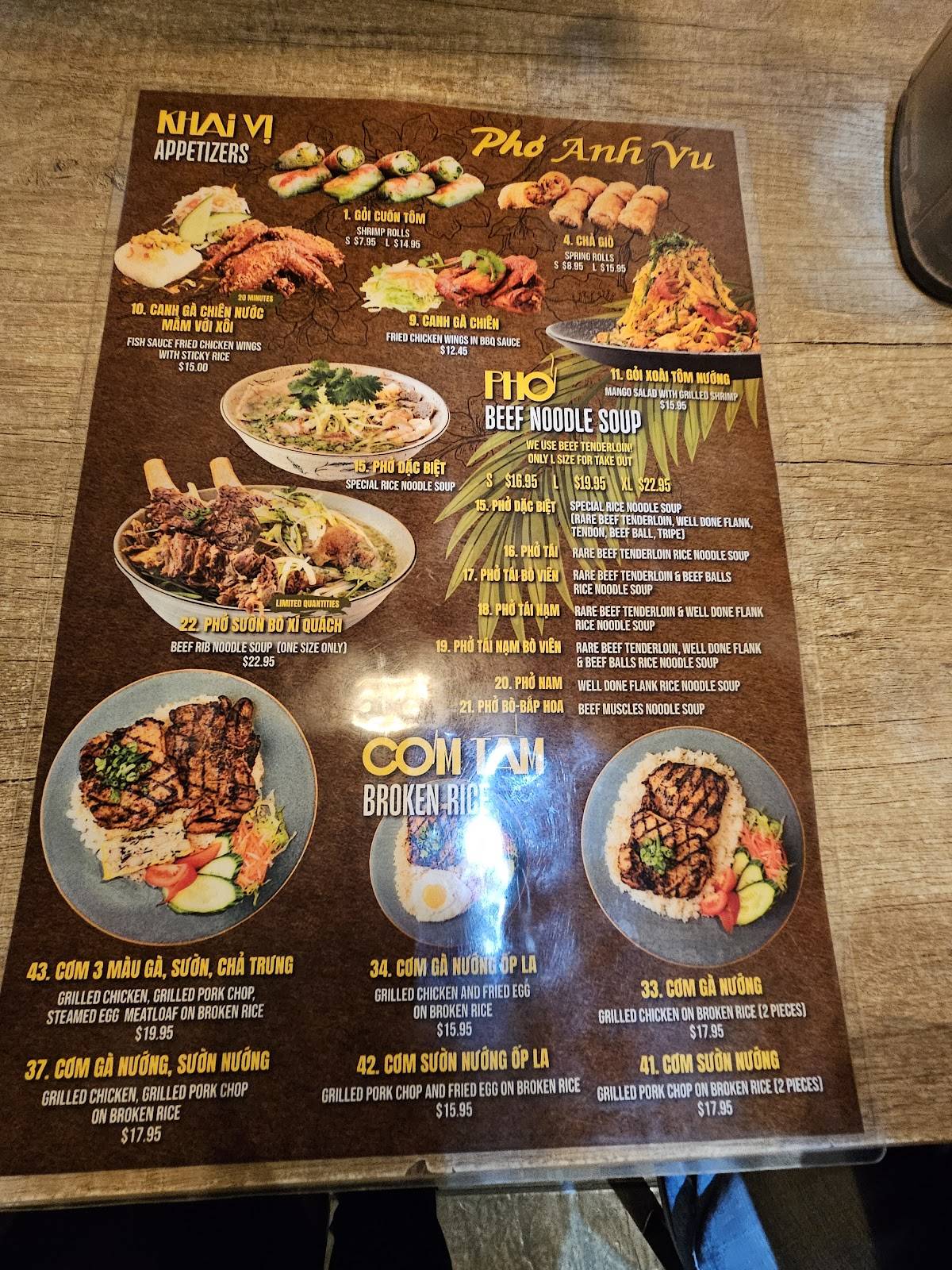 Menu at Pho Anh Vu restaurant, Toronto, Dufferin St