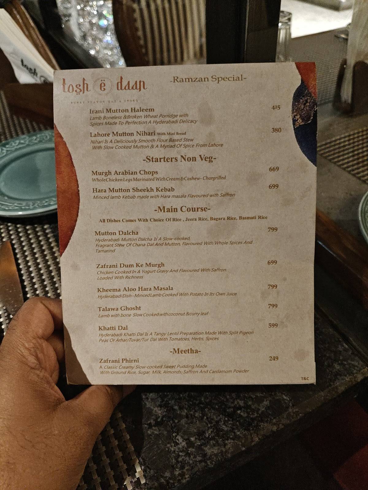 Menu at Tosh-e-daan, Hyderabad