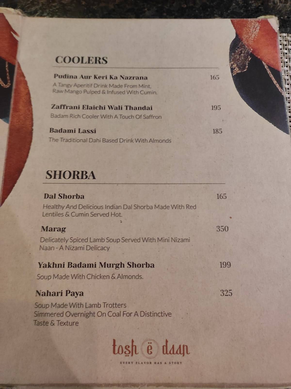 Menu at Tosh-e-daan, Hyderabad