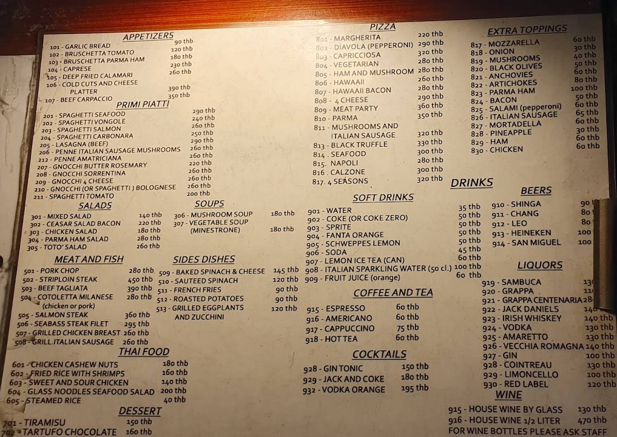 Menu at Totò Italian Restaurant, Pattaya City