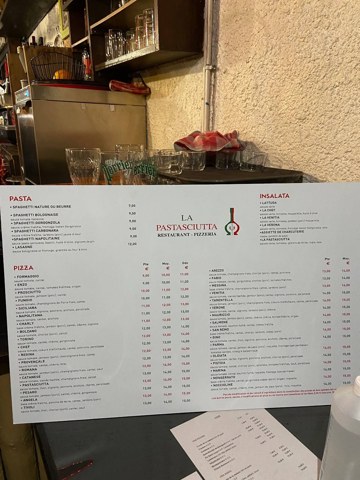 Menu au La Pastasciutta pizzeria, Toulouse