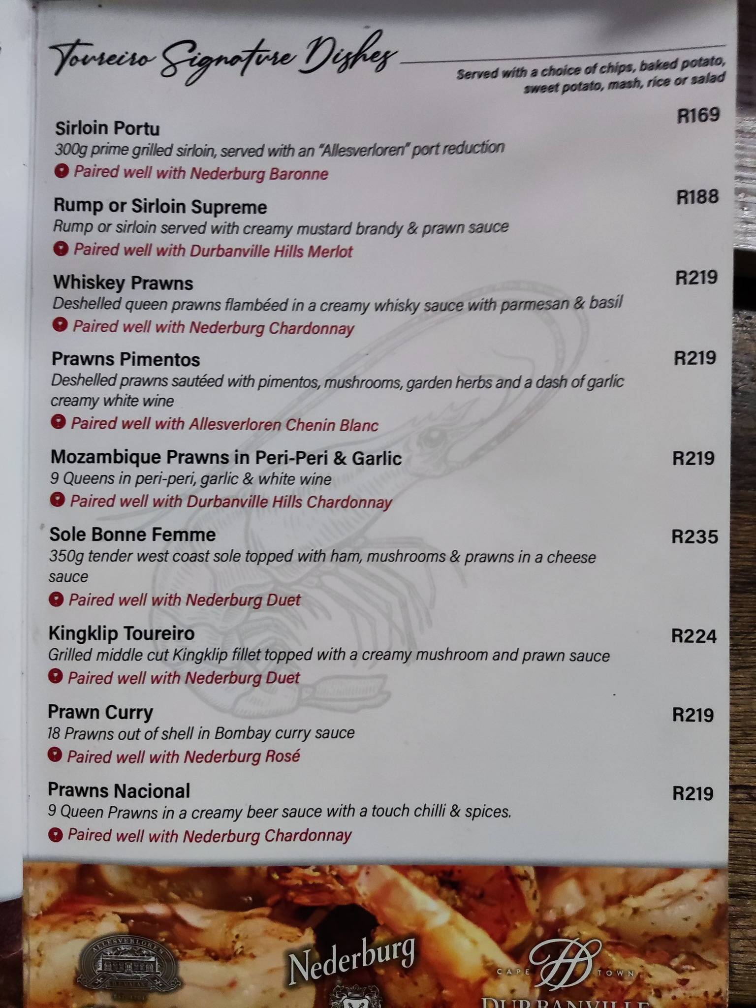 Menu at Toureiro House of Prawns restaurant, Pretoria, 978 Veda Ave