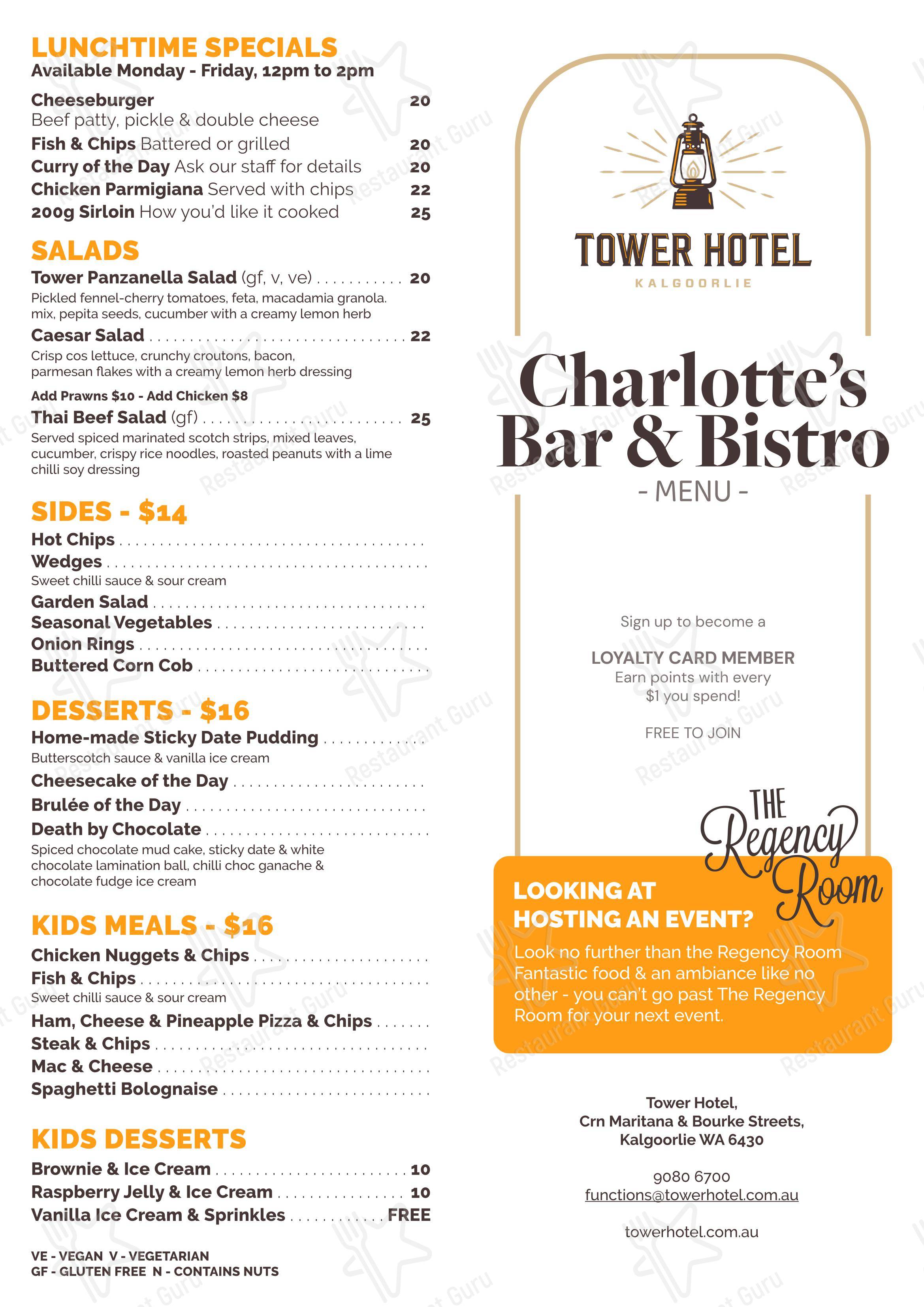 Menu at Tower Hotel pub & bar, Kalgoorlie