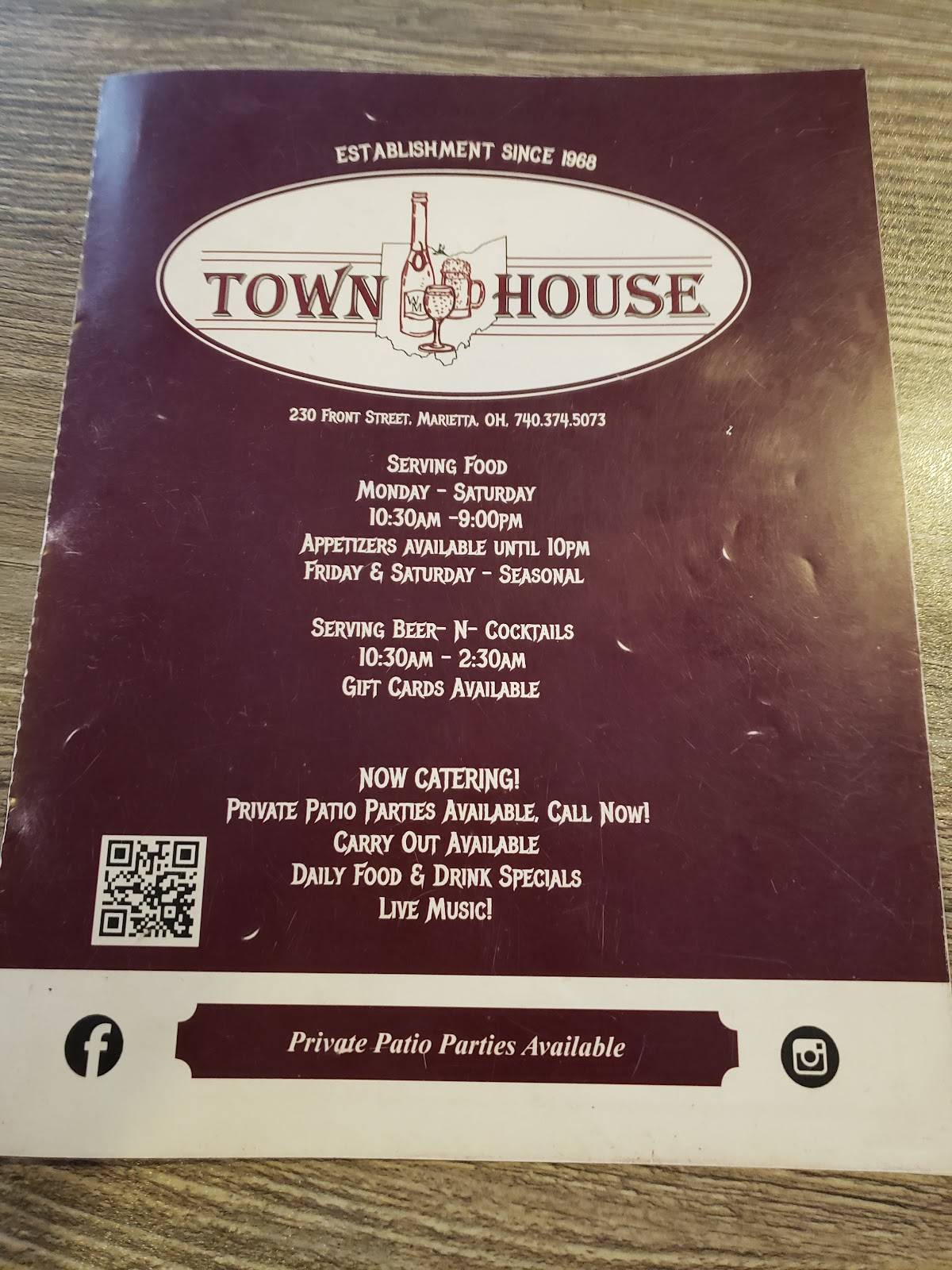 Menu at Town House pub & bar, Marietta
