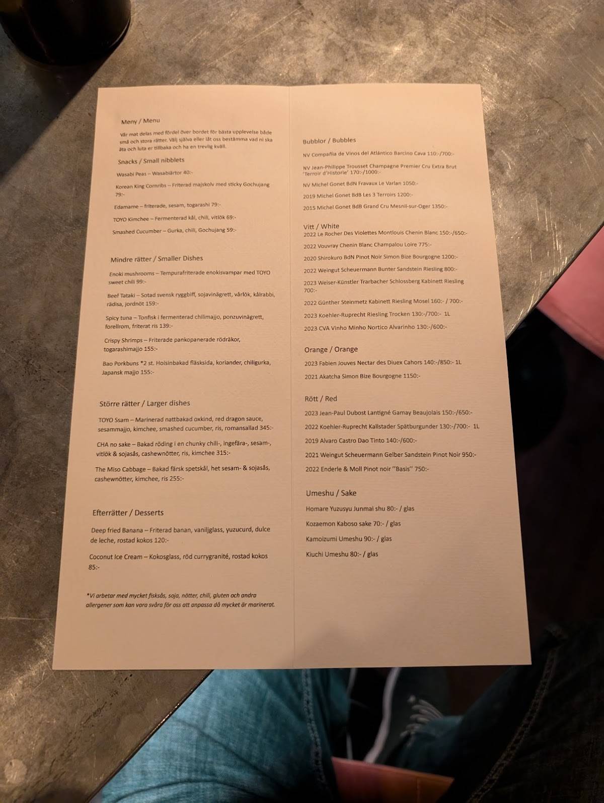 Menu at Toyo restaurant, Lund