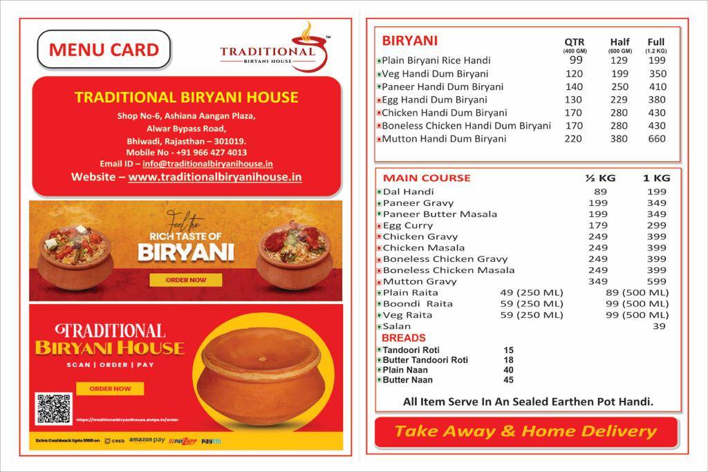 Menu at Traditional Biryani House, Bhiwadi