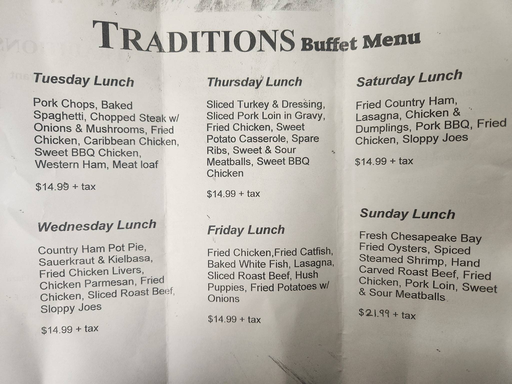 Menu at Traditions Family Restaurant, Harrisonburg