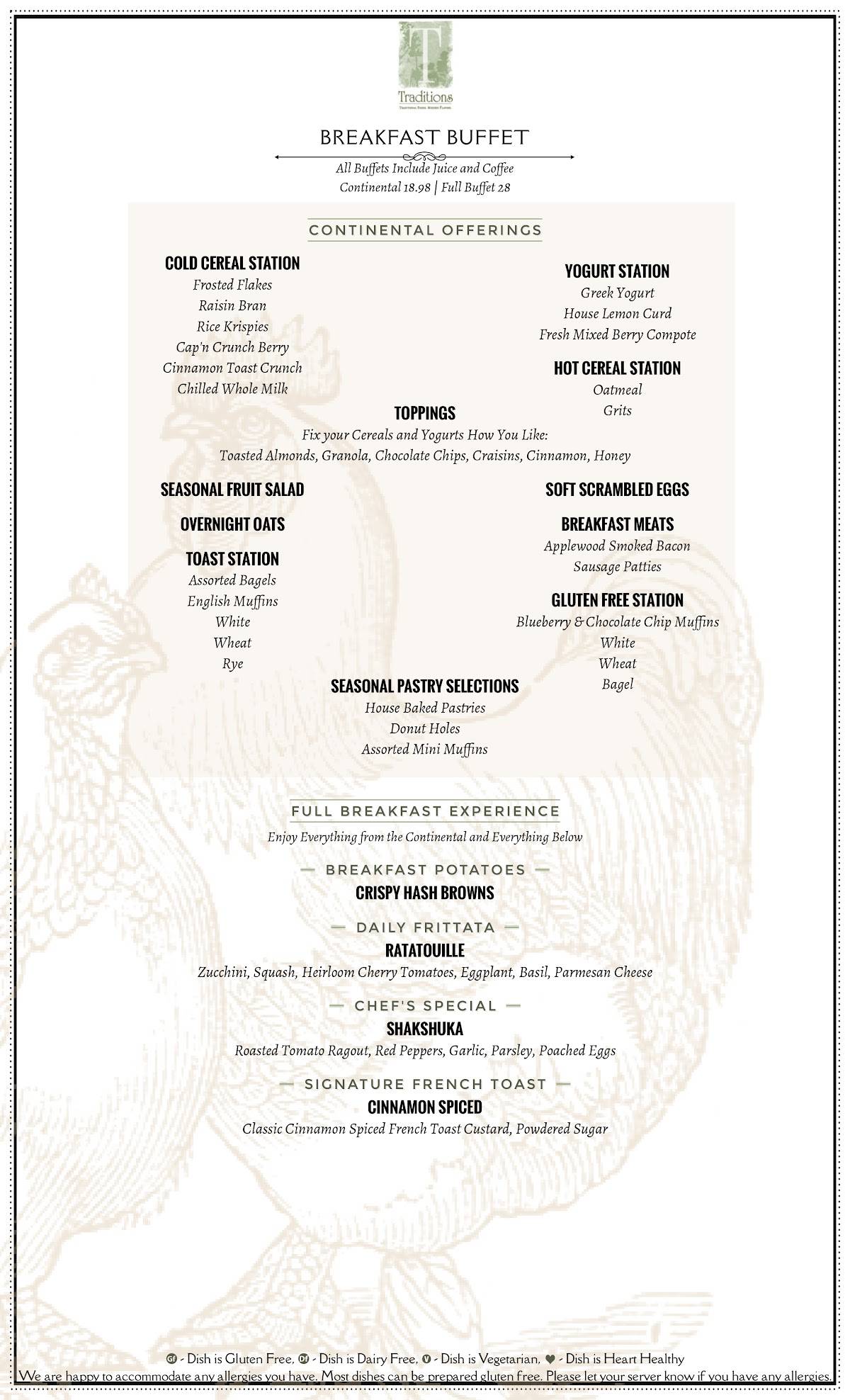 Menu at Traditions restaurant, Williamsburg