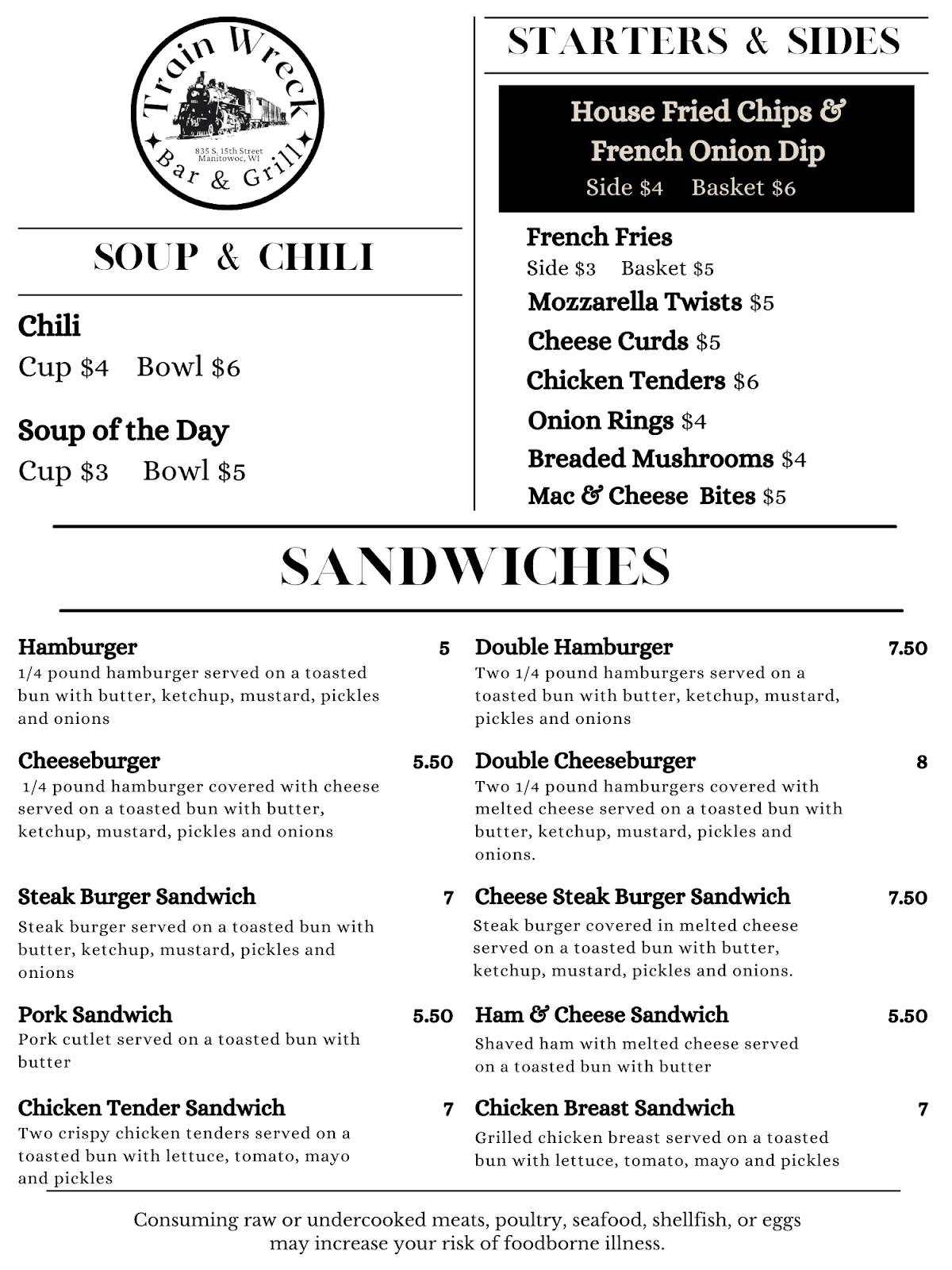 Menu at Train Wreck Bar & Grill, Manitowoc