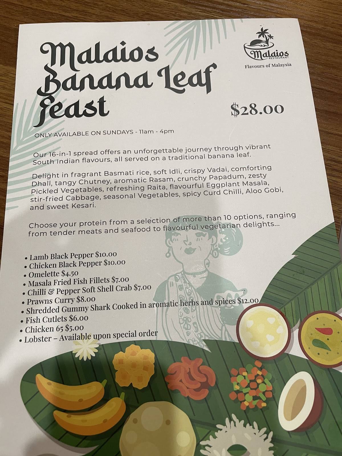 Menu at Malaios Restaurant, Traralgon