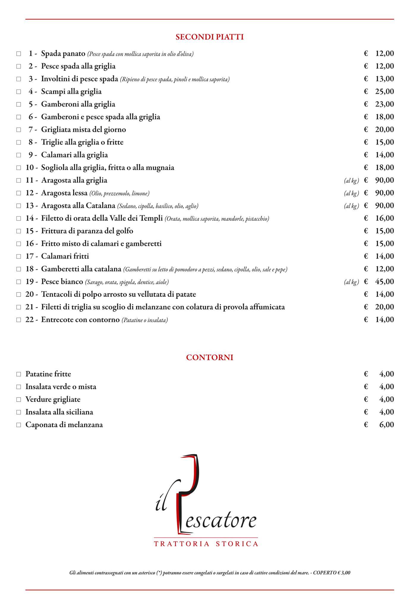 Menu da Il Pescatore ristorante, San Leone, Lungomare Falcone Borsellino