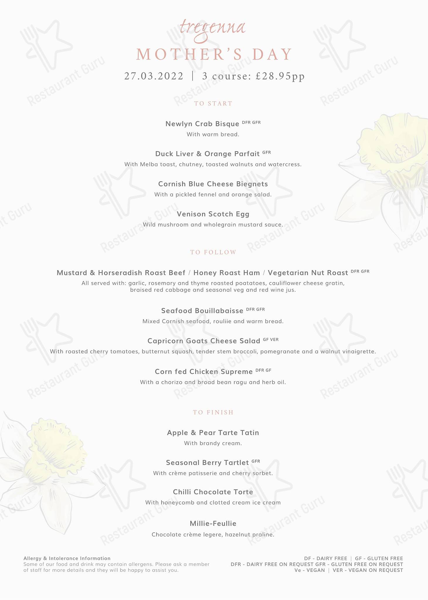 Menu at Tregenna Castle Brasserie restaurant, Saint Ives
