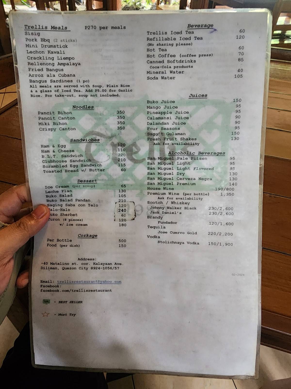 Menu at Trellis restaurant, Quezon City