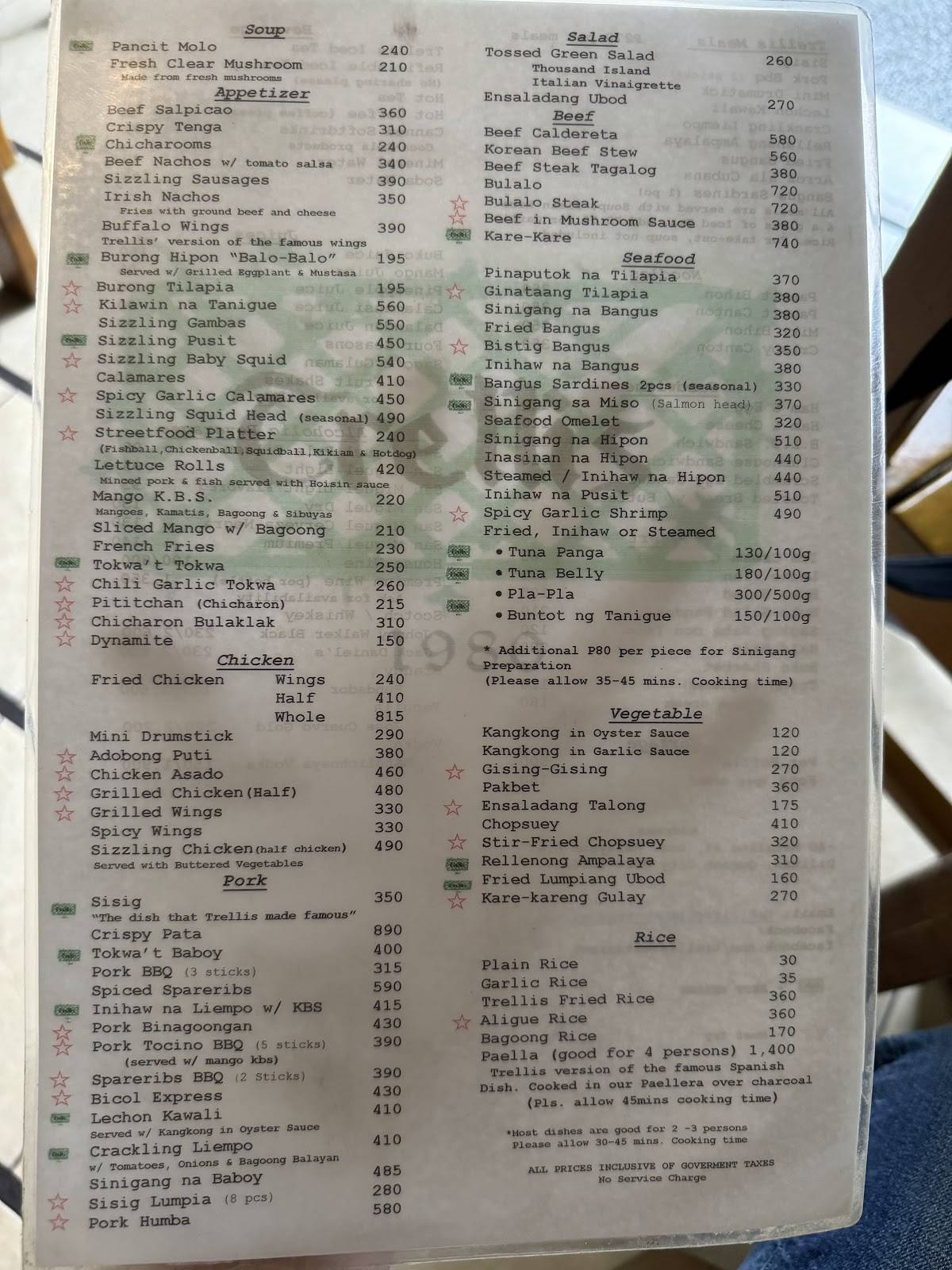 Menu at Trellis restaurant, Quezon City