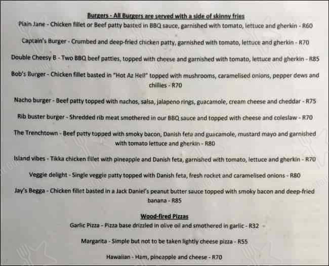 Menu at Trenchtown restaurant, Cape Town