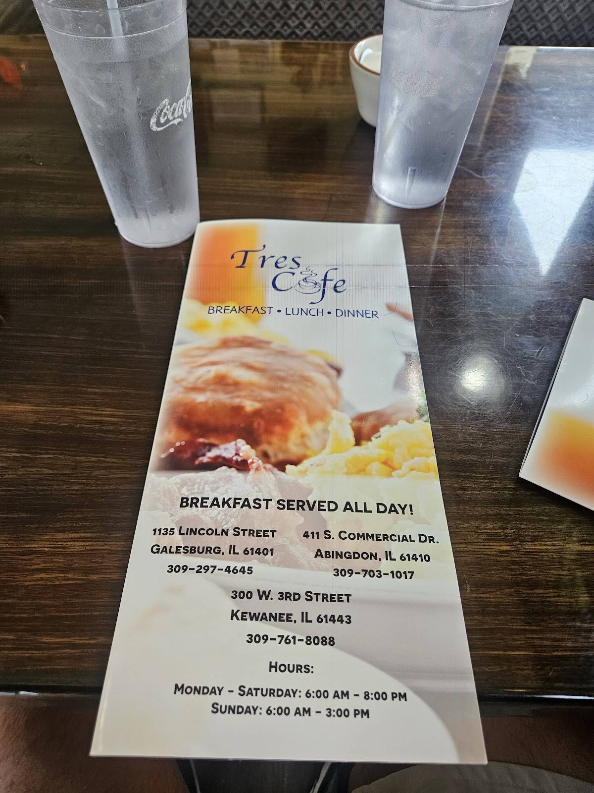 Menu at Tres Cafe, Galesburg