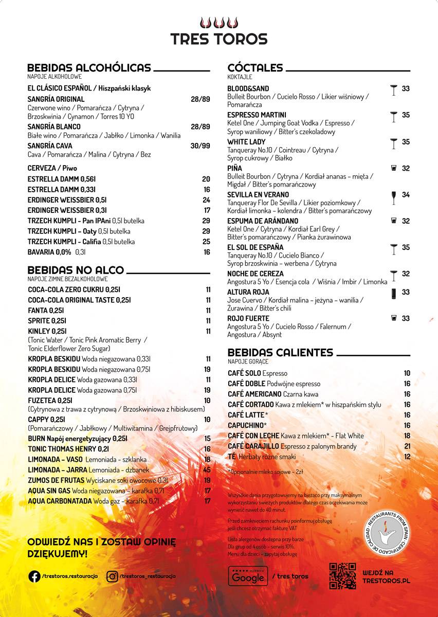 Carta del restaurante Tres Toros, Varsovia