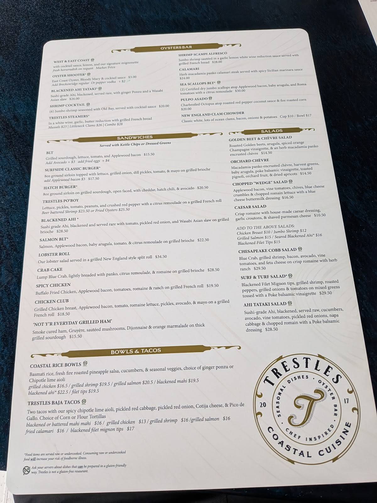 Menu at Trestles Coastal Cuisine restaurant, Castle Rock