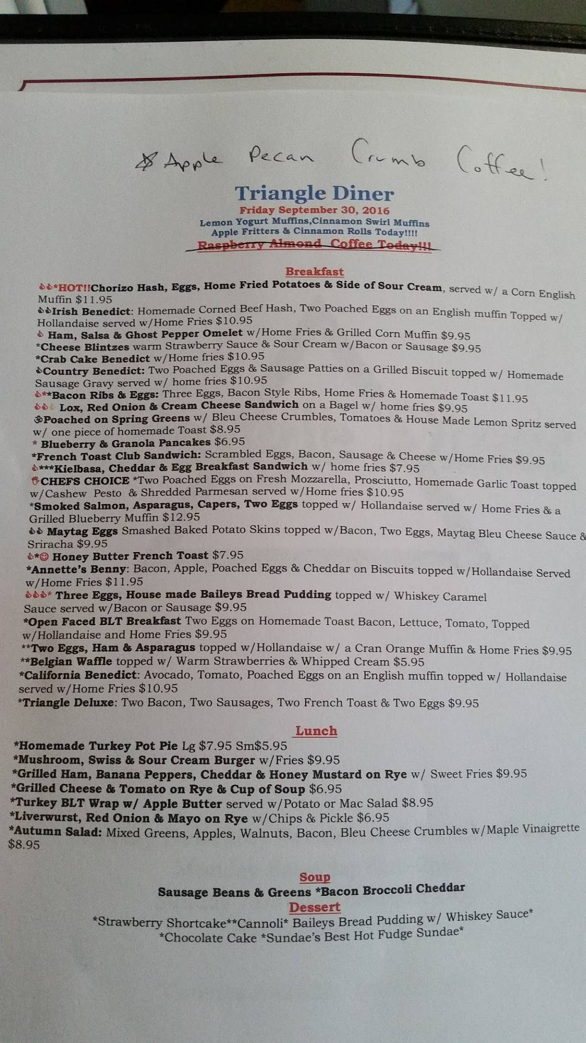 Menu at Triangle Diner restaurant, Saratoga Springs