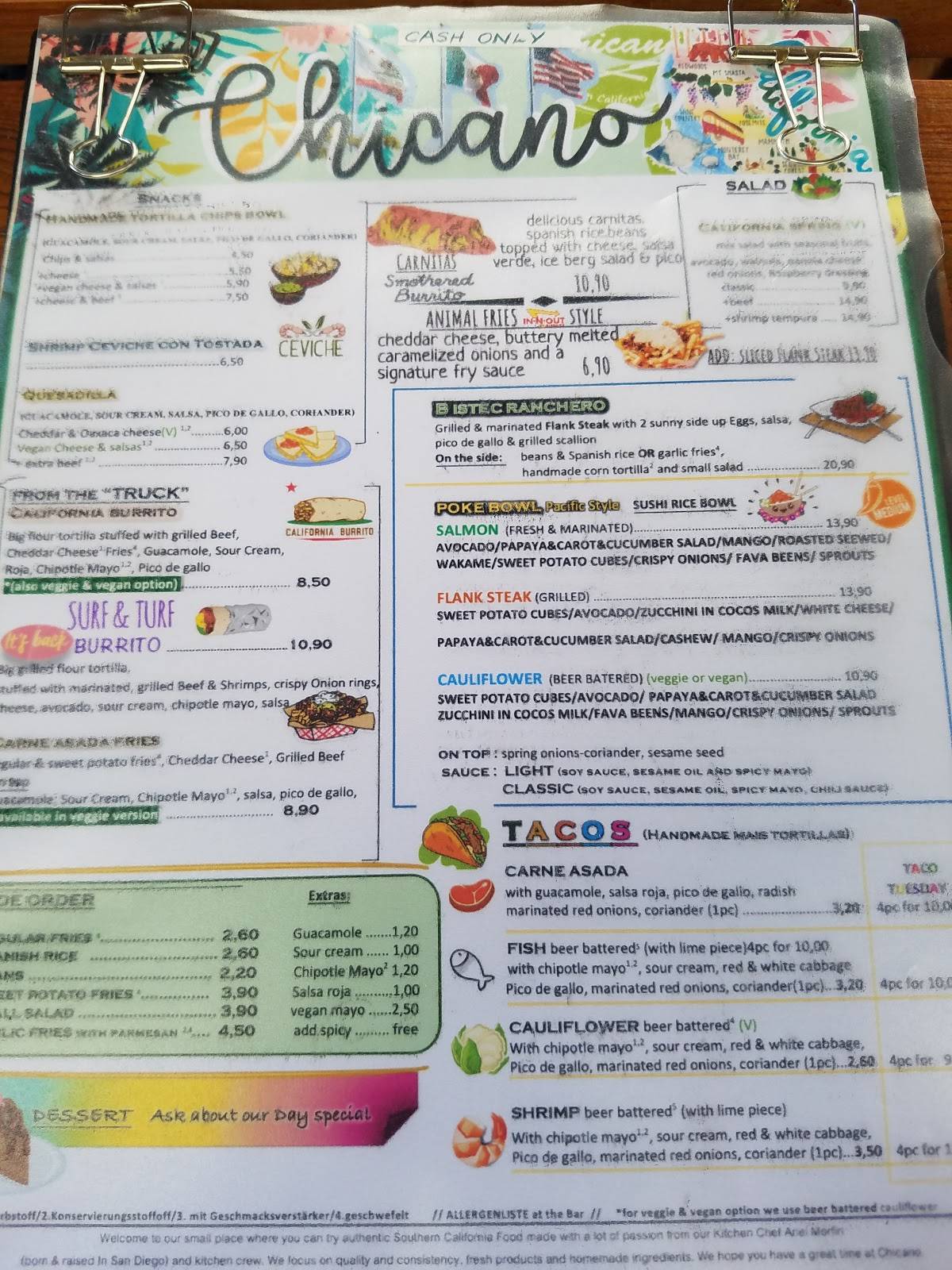 Carta del restaurante Chicano, Treveris