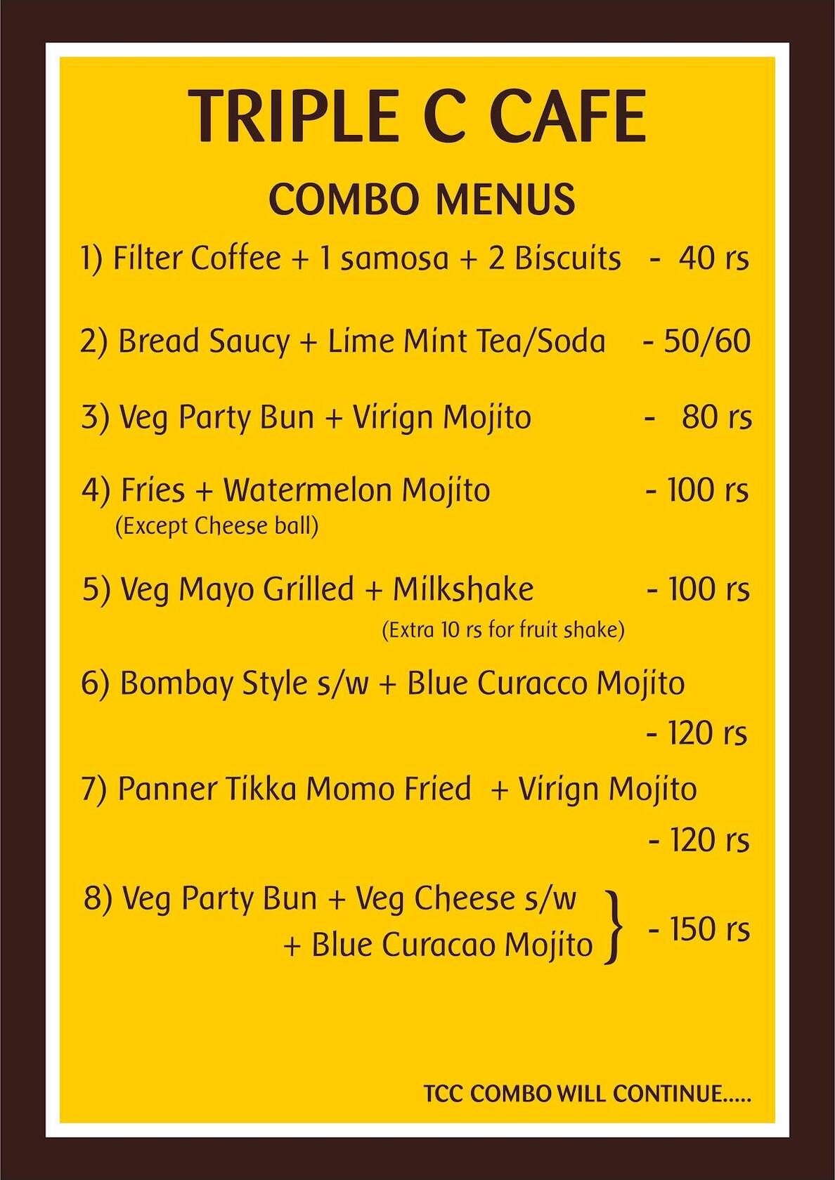 Menu at Triple c cafe, Coimbatore