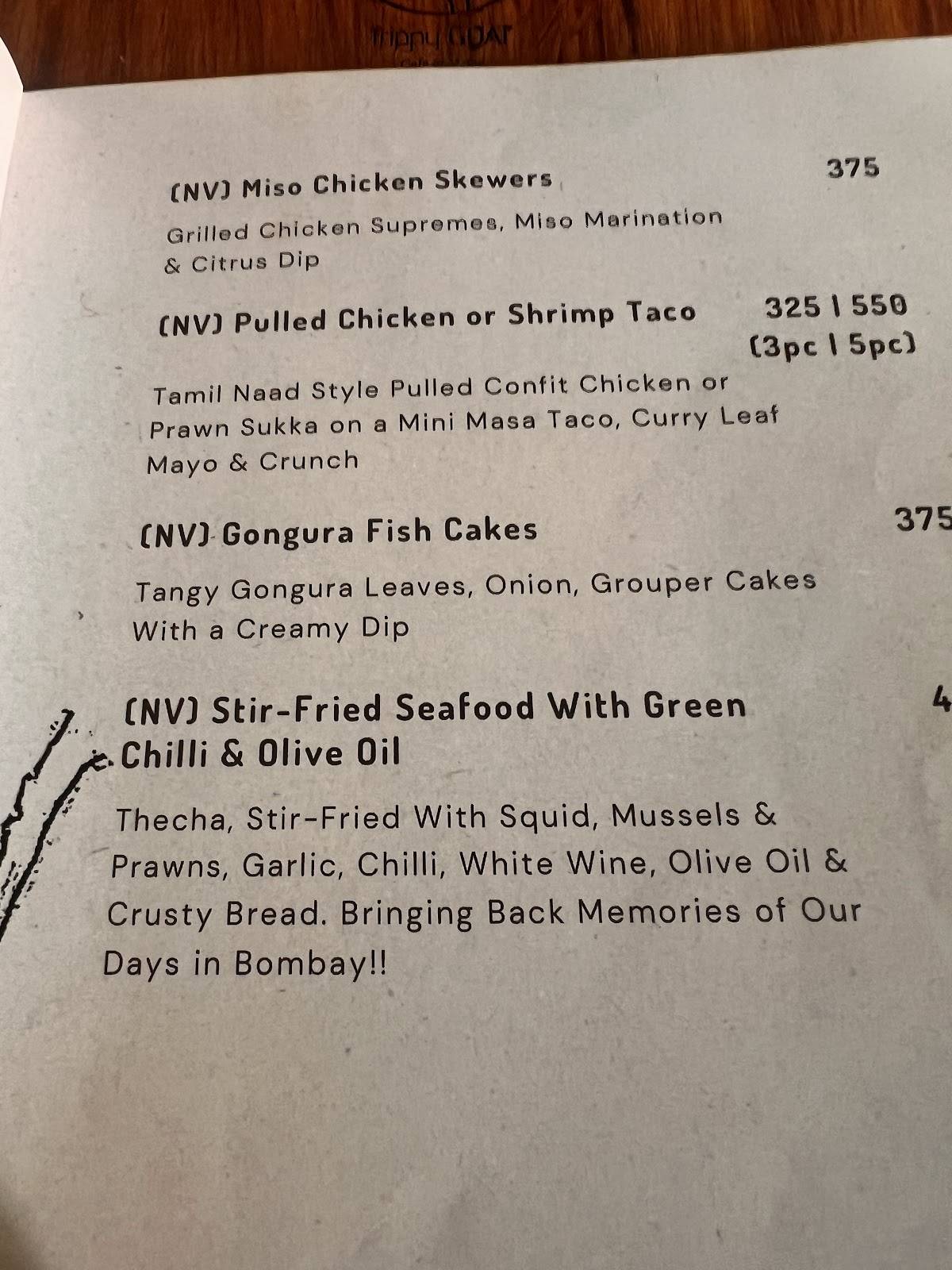 Menu at Trippy Goat Cafe, Bengaluru