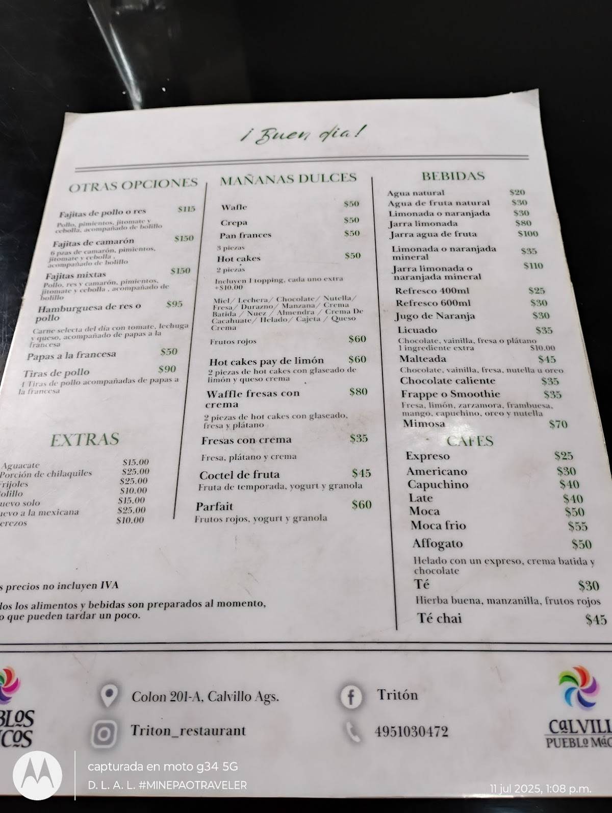 Carta de Tritón restaurante, Calvillo