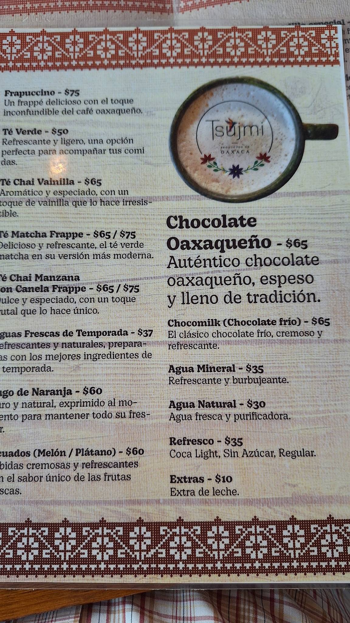 Carta del restaurante Tsujmi Sabor a Oaxaca, Monterrey