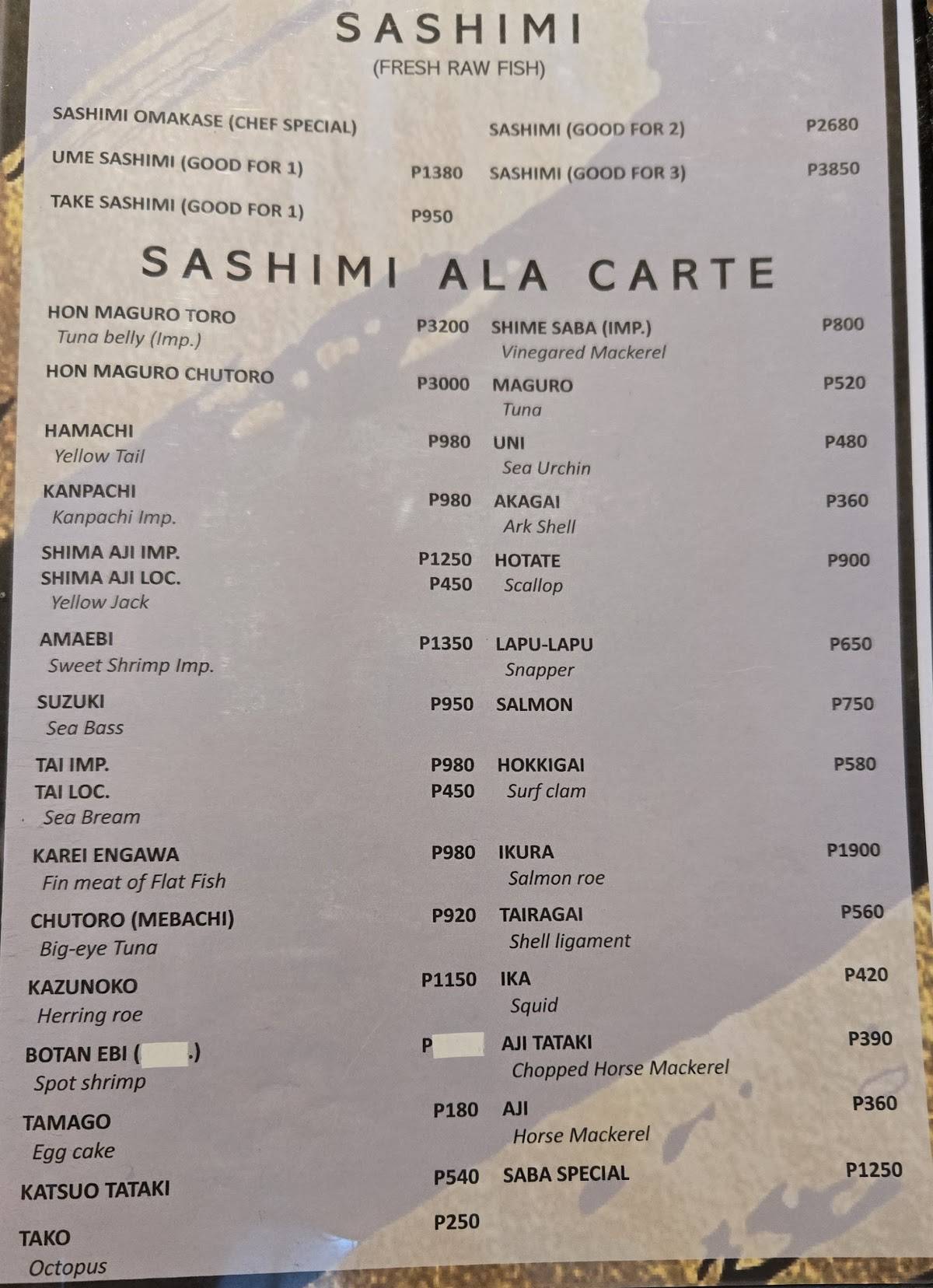 Menu at Tsumura restaurant, Makati