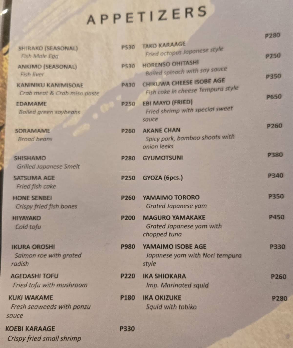 Menu at Tsumura restaurant, Makati