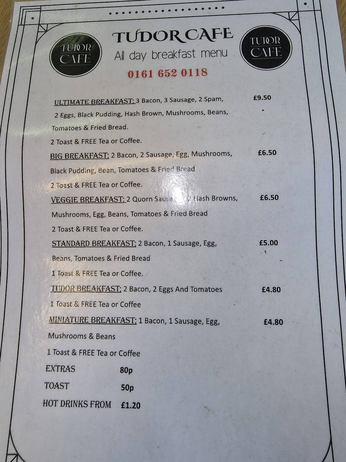 Menu at Tudors Cafe, Oldham