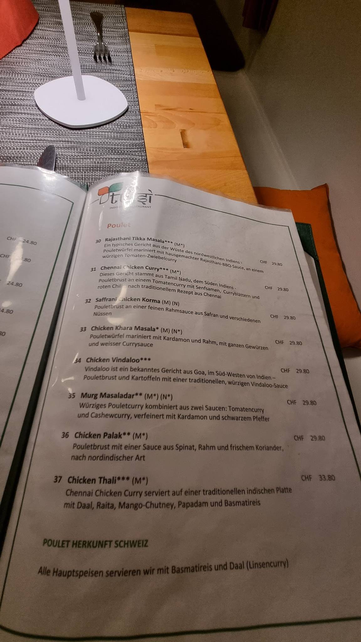 Speisekarte von Restaurant Tulsi, Bern