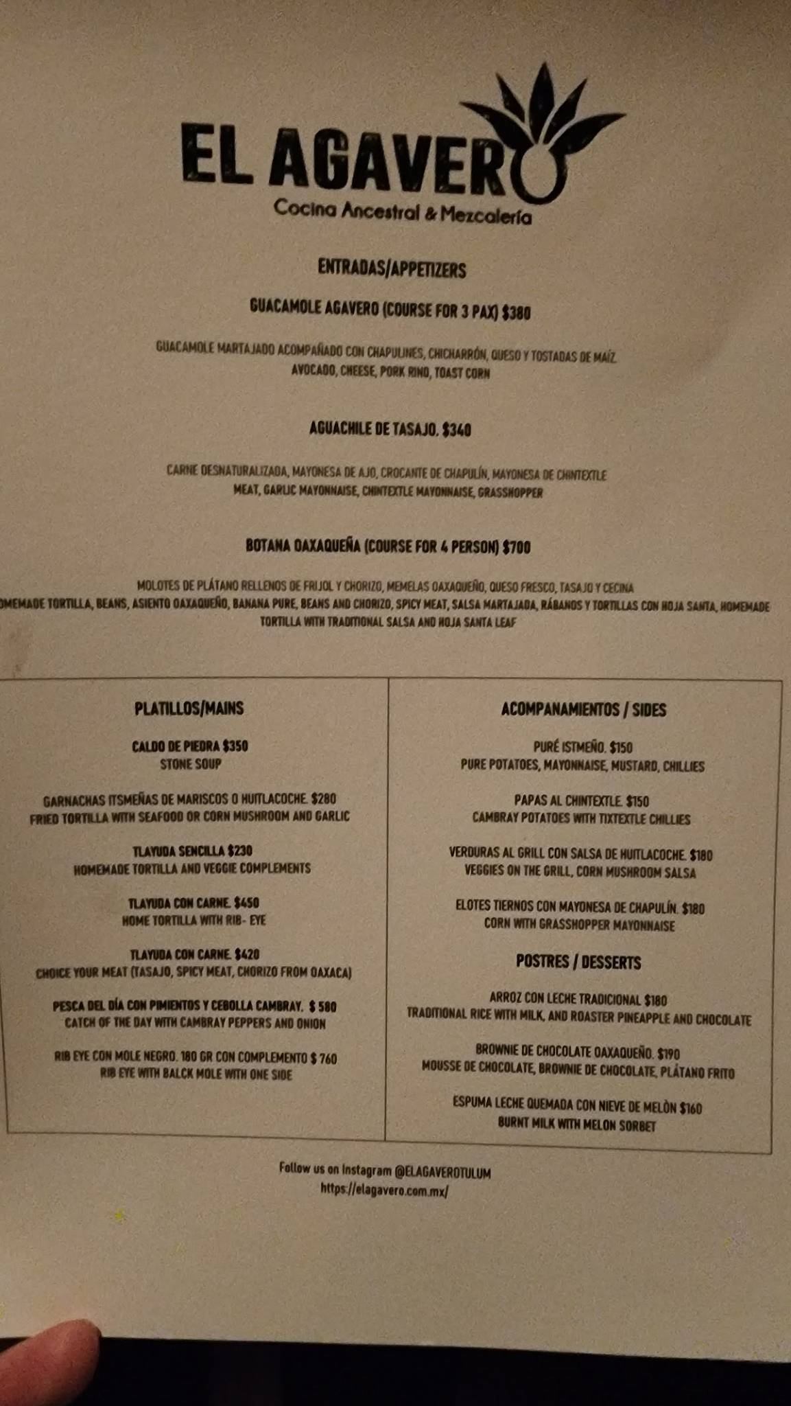 Menu at El Agavero Cocina Ancestral & Mezcaleria restaurant, Tulum