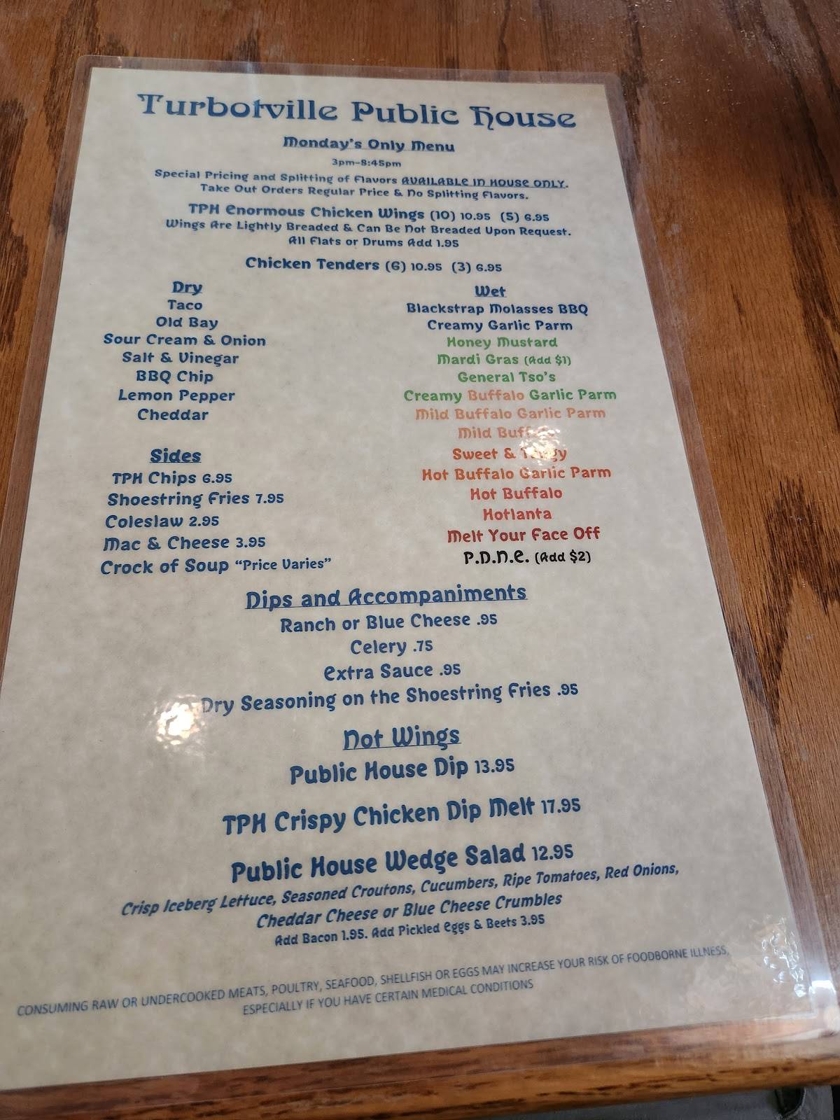 Menu at Turbotville Public House, Turbotville