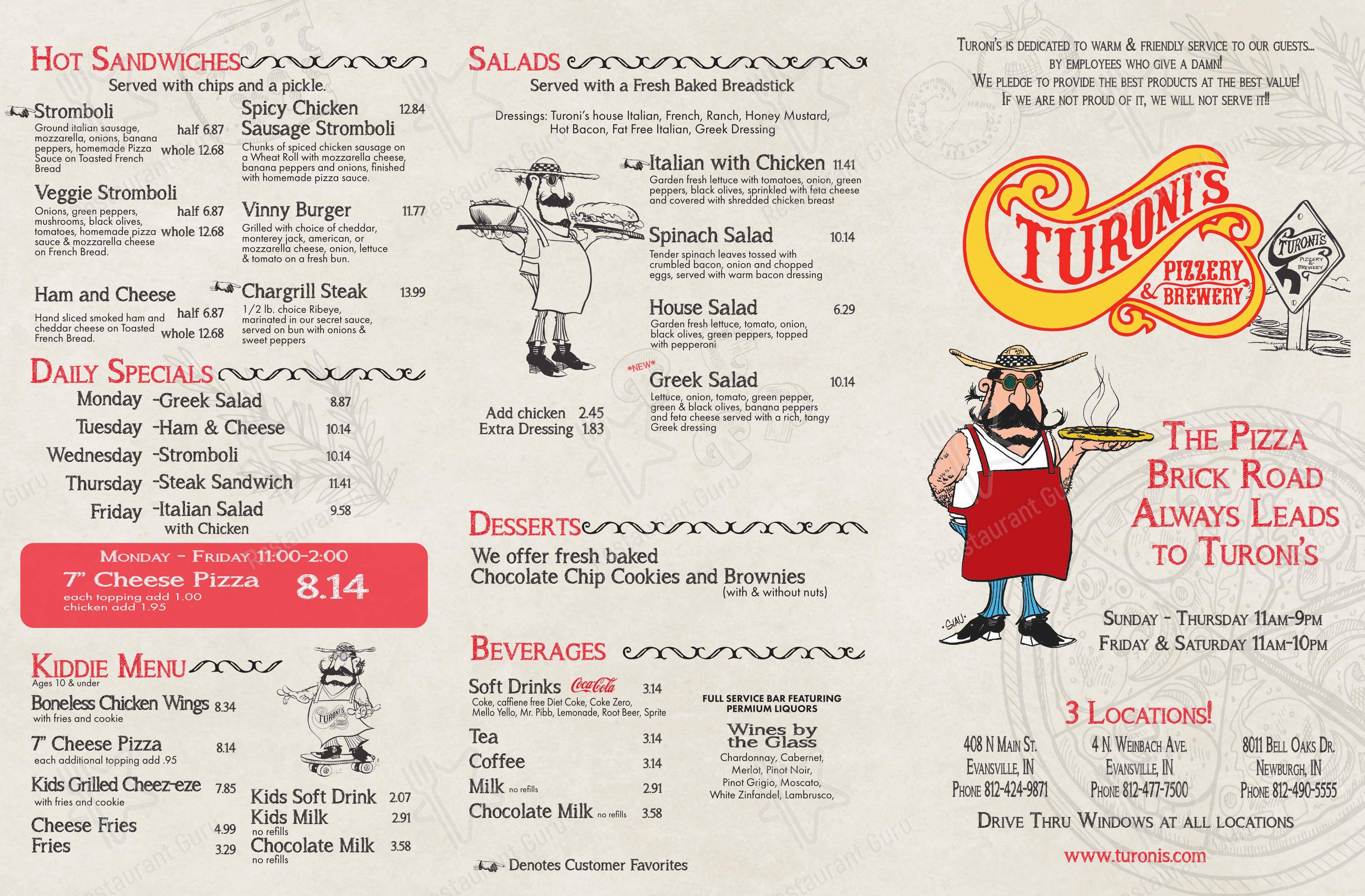 Menu at Turoni's Pizzery & Brewery pizzeria, Evansville, 408 N Main St
